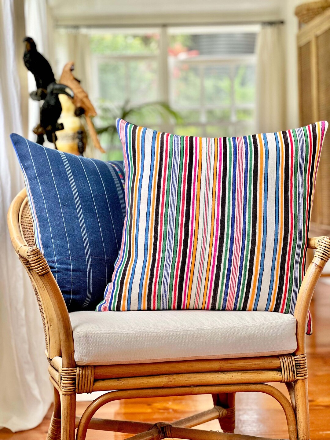 Guatemalan Corte Textile 2 in 1 Pillow - Colorful Stripes & Indigo ...