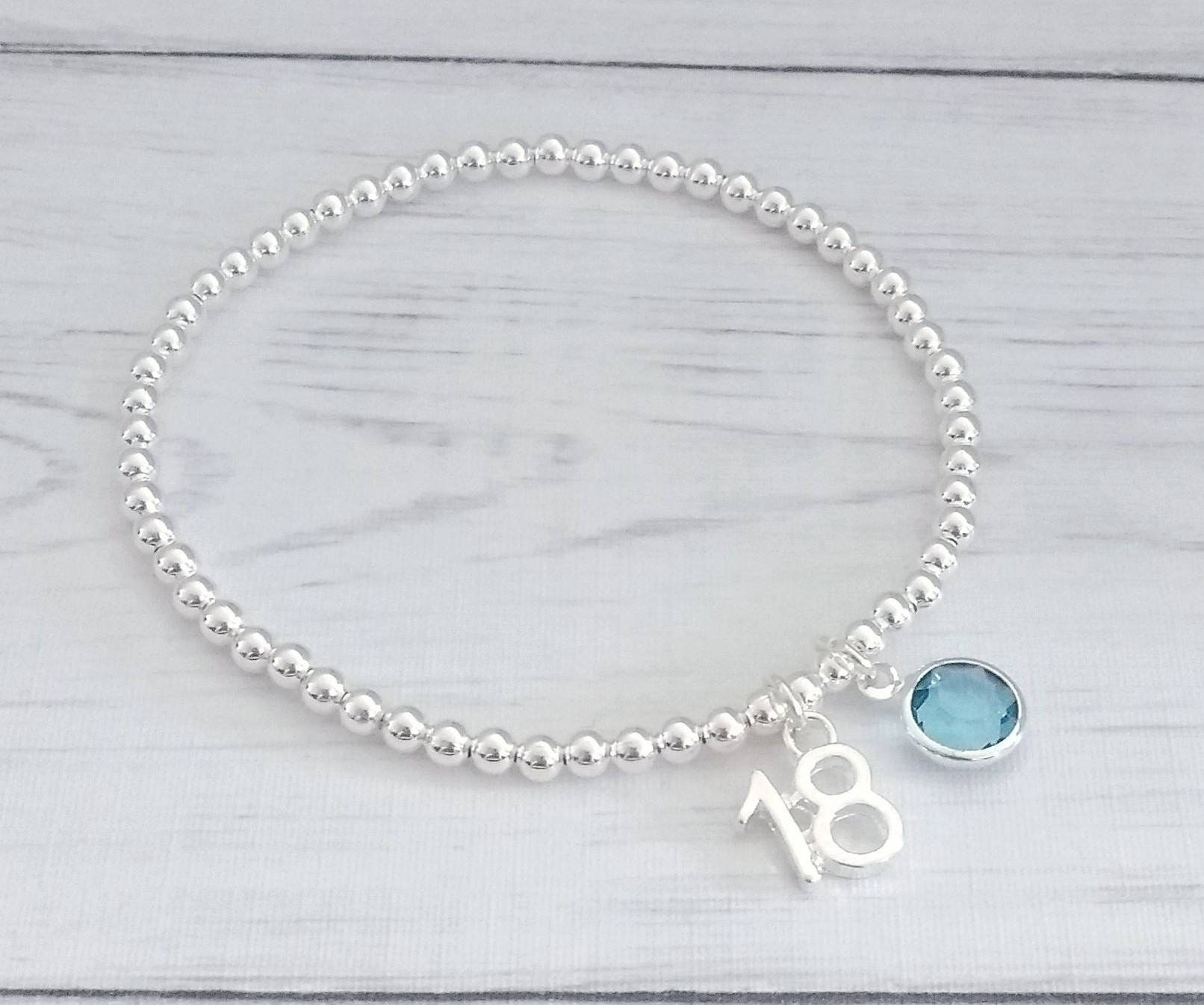 18th Birthday Bracelet: Silver Bead, Crystal Birthstone Charm - Etsy UK