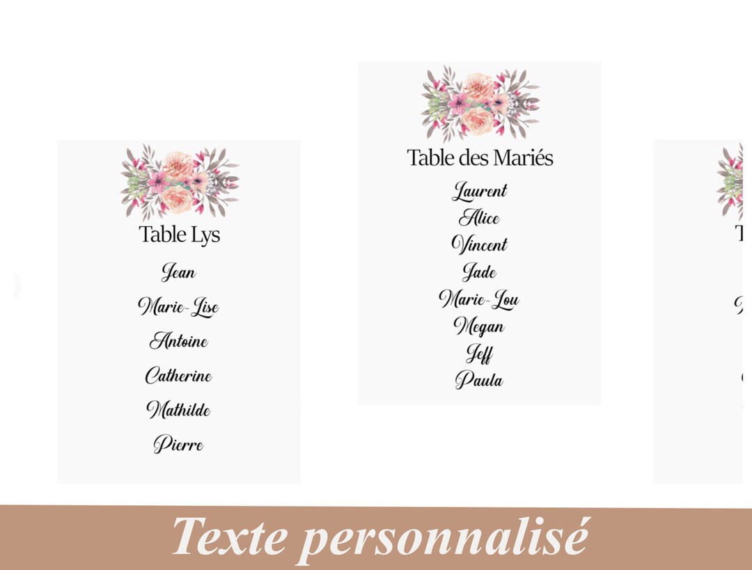 Carte Plan de table Mariage, motif floral, aquarelle, decoration de ...