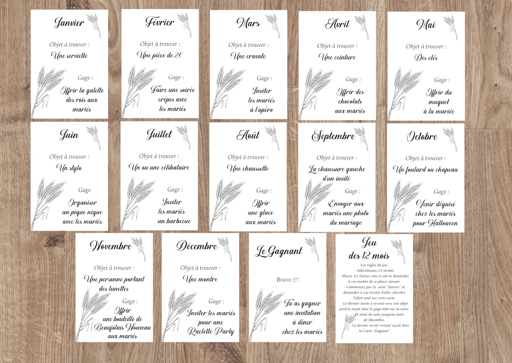 Jeu des 12 mois mariage, animation mariage, motif Epi de blé - Etsy France