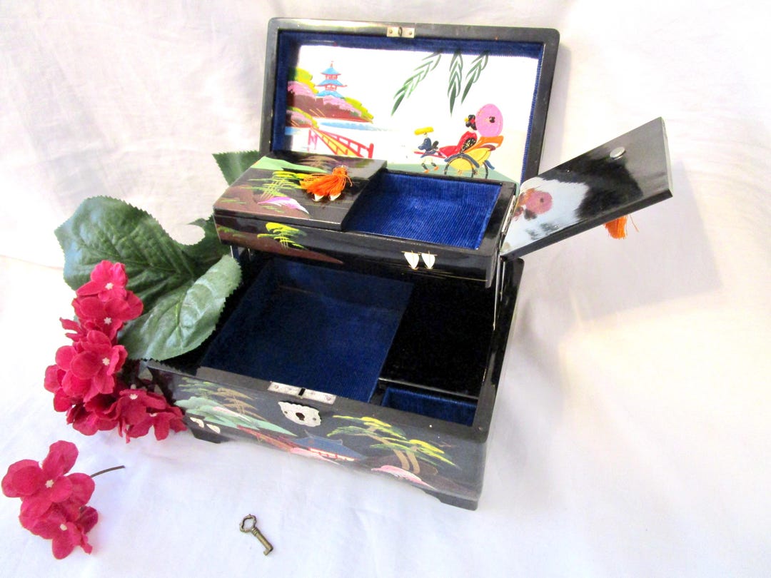 Vintage Jewelry Box Japanese MUSIC BOX KEY Asian Hand Painted Black ...