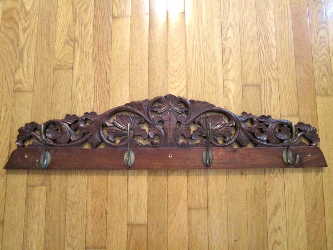 Vintage Wood Coat Rack 36.5 Wide Wall Carved Leaves Hanging Hooks - Etsy