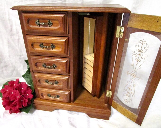 Large Tall Vintage Jewelry Box Armoire Chest Stained Wood Stencil Door ...