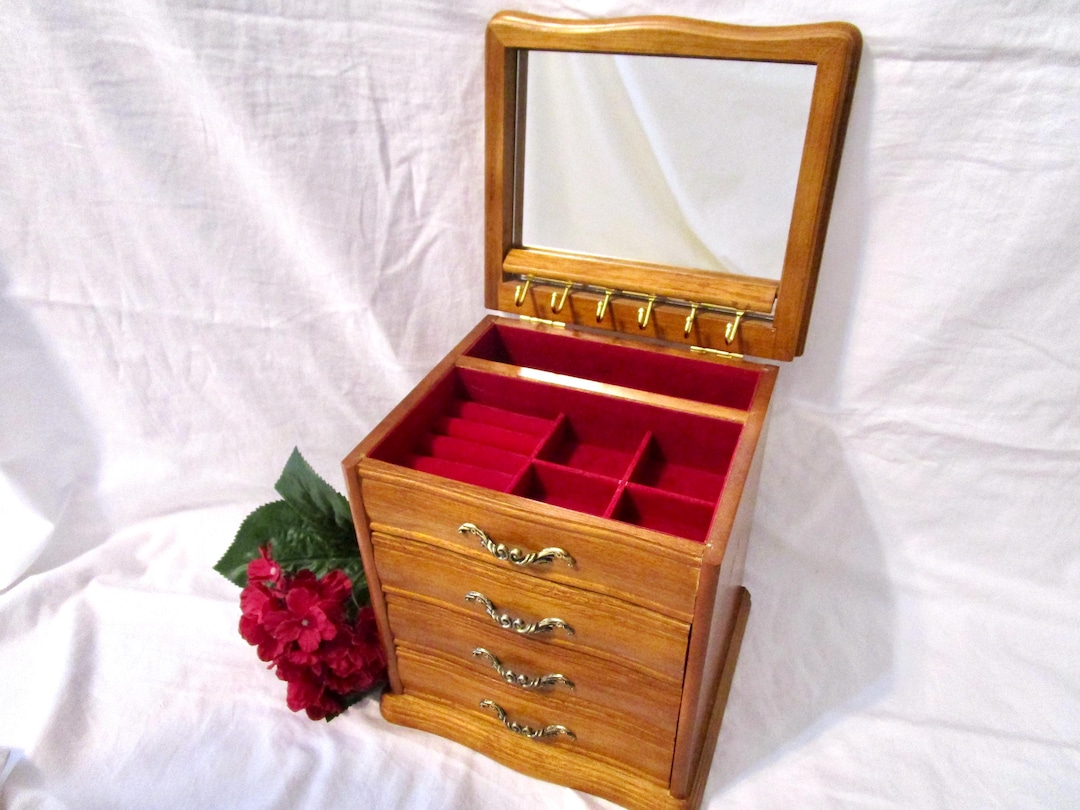 Large Vintage Jewelry Box Chest Wood Stained LID 3 Drawer Red Velvet ...