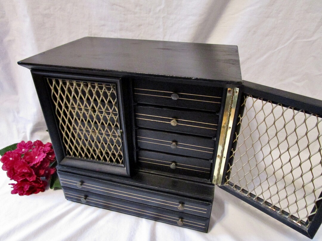 Large Vintage Jewelry Box Chest Wood Black Paint Gold Detail 2 Door 10 ...
