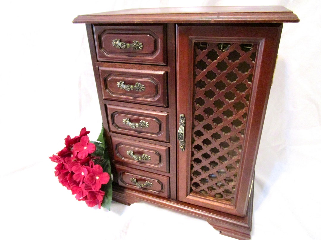 Large Vintage Jewelry Box Armoire Chest MUSIC BOX Stained Wood Lattice ...