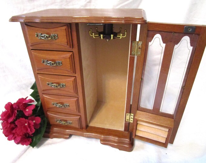 Large Vintage Jewelry Box Armoire Chest MUSIC BOX Stained Wood Door 5 ...