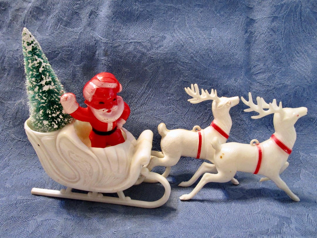 Vintage Christmas Santa Sleigh Reindeer Figurines 4 Piece Hard Plastic ...