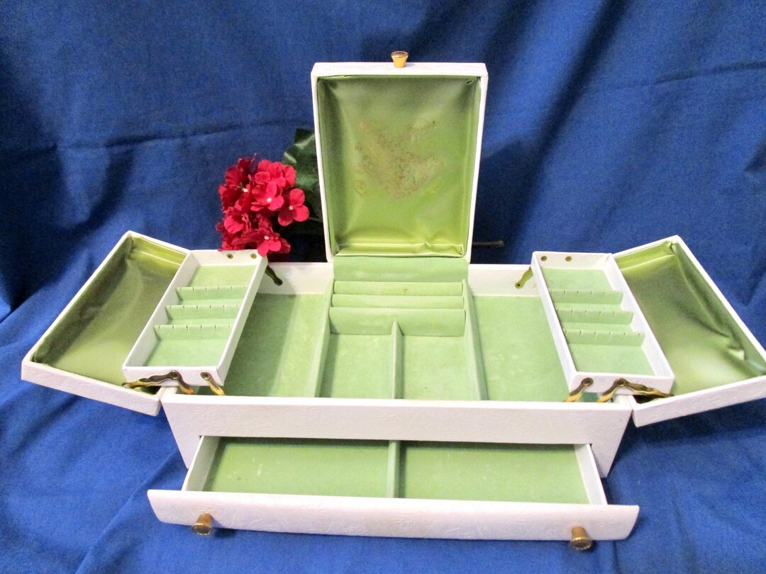 Large Vintage Jewelry Box Chest 3 Tier Lid Black Faux Leather Vinyl Red ...