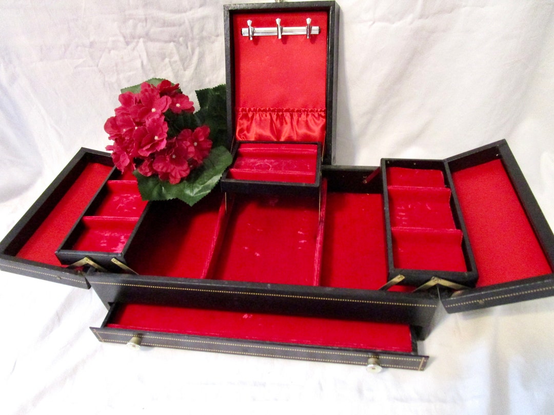 Large Vintage Jewelry Box Chest 3 Tier Lid Black Faux Leather Vinyl Red ...