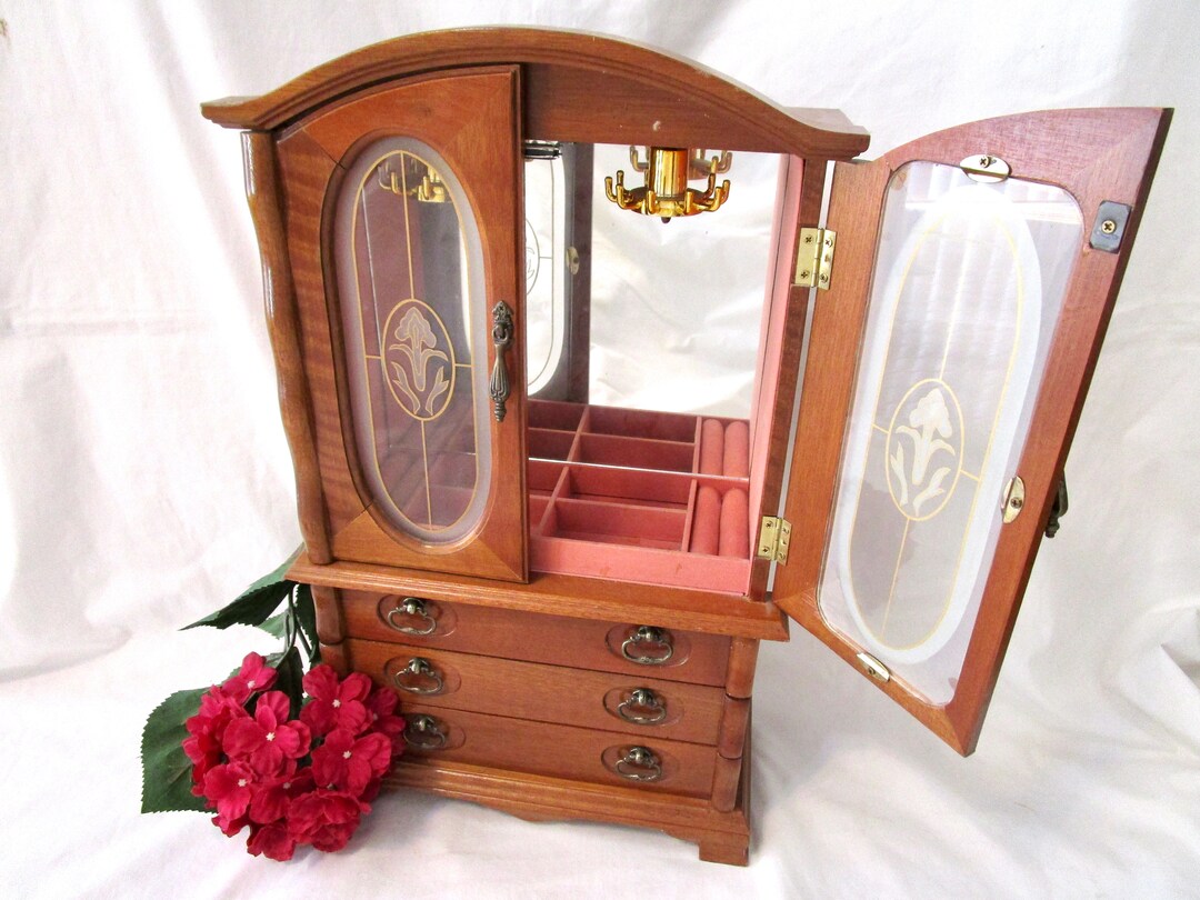 Large Tall Vintage Jewelry Armoire Chest Mestained Wood 2 Frosted Doors ...