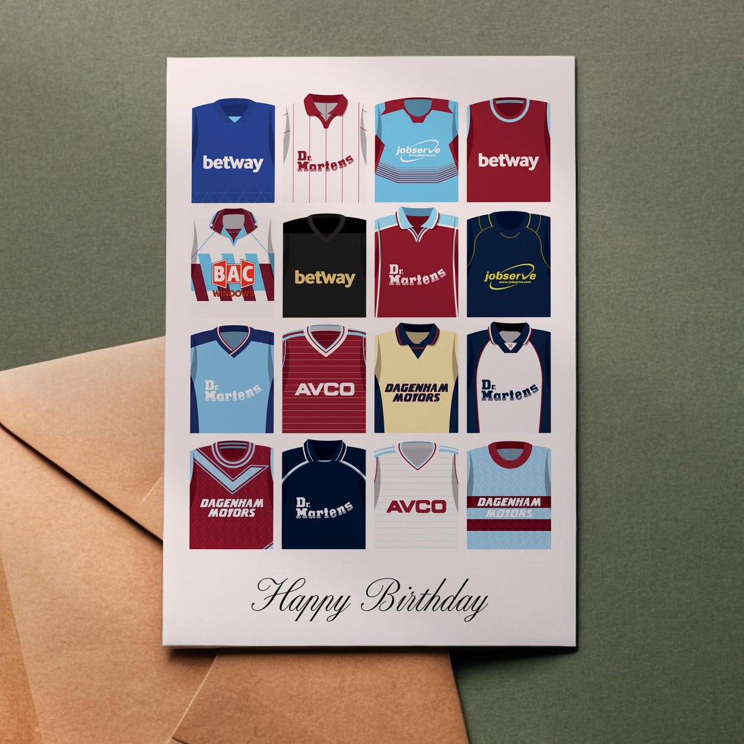 West Ham Birthday Card Retro Shirts | Greetings Card Happy Birthday ...