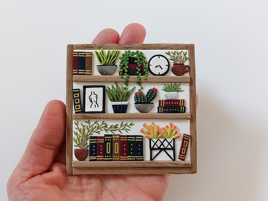 Bookshelf With Plants Small Wall Art, Intricate Hand Sculpted 3D ...