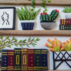 Bookshelf With Plants Small Wall Art, Intricate Hand Sculpted 3D ...