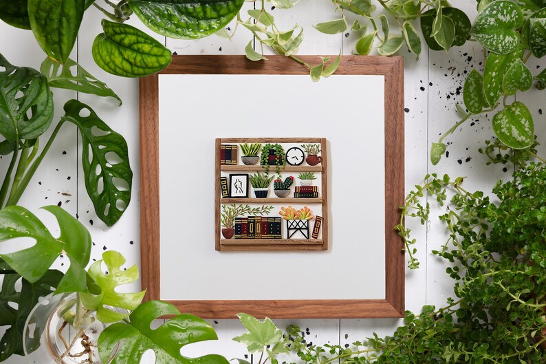 Bookshelf With Plants Small Wall Art Intricate Hand Sculpted - Etsy