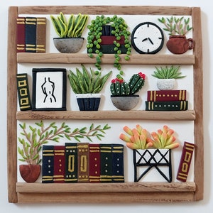 Bookshelf With Plants Small Wall Art, Intricate Hand Sculpted 3D ...