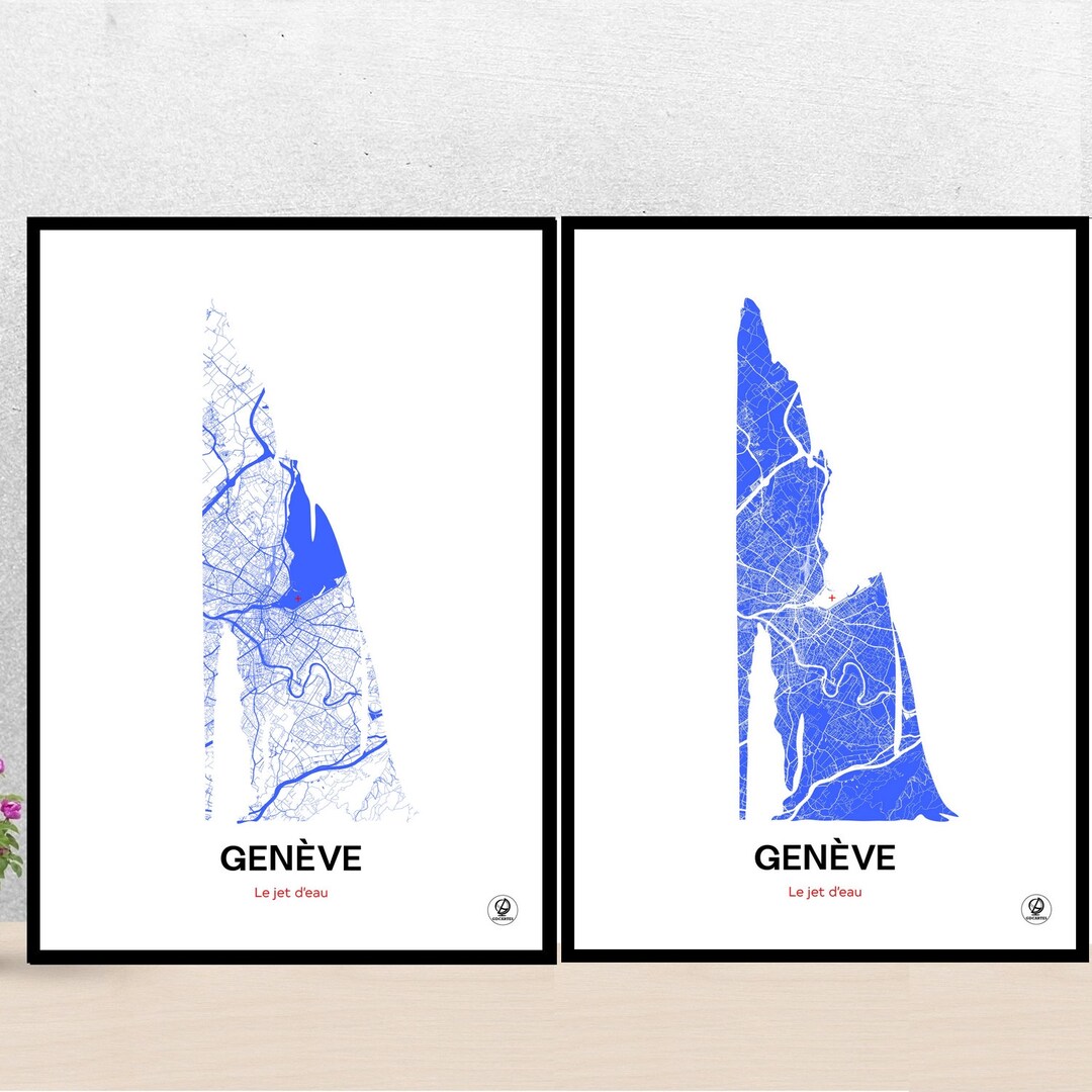 Póster Jet d'eau de Ginebra, mapa de Ginebra, mapa de Suiza, póster ...