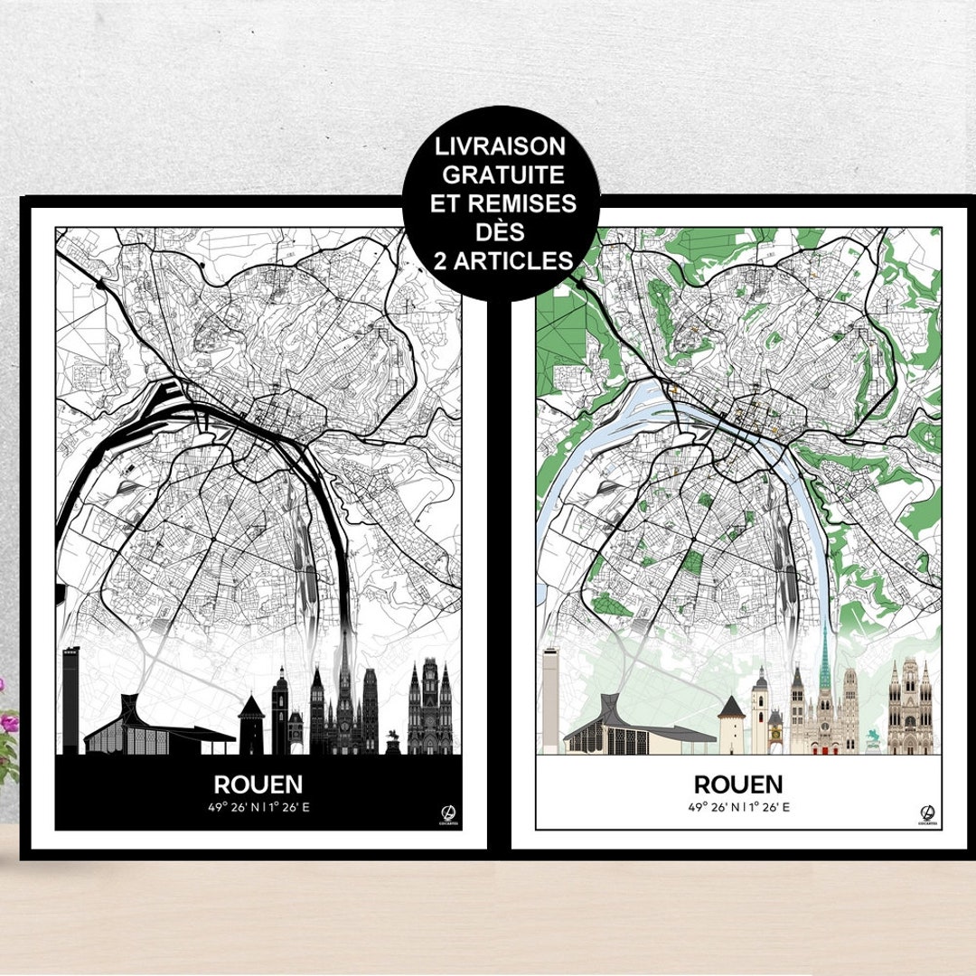 Poster Skyline of Rouen, Map of Rouen, Poster, Art, Print, Map ...