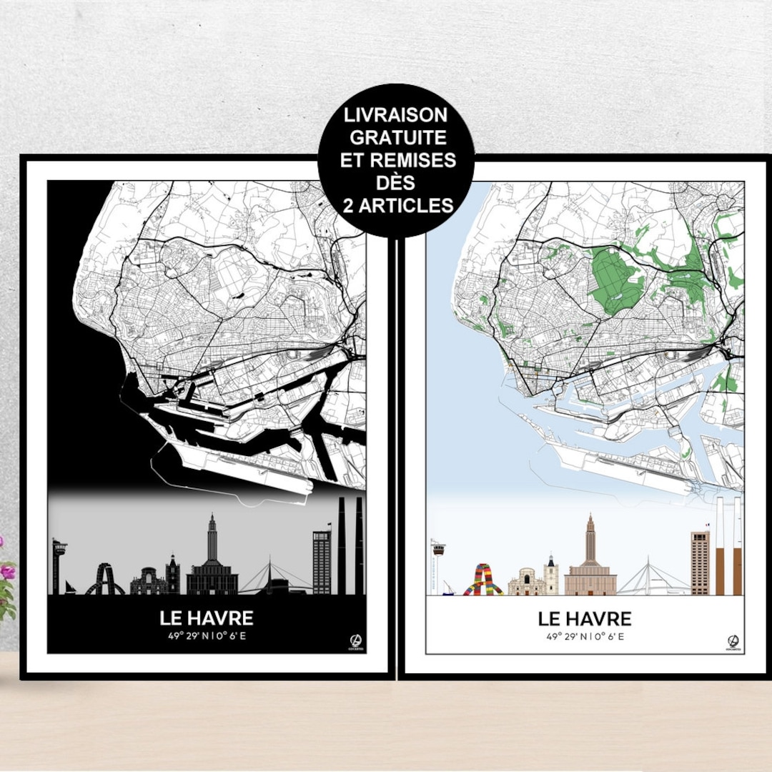Poster Skyline of Le Havre, Map of Le Havre, Poster, Art, Print, Map ...