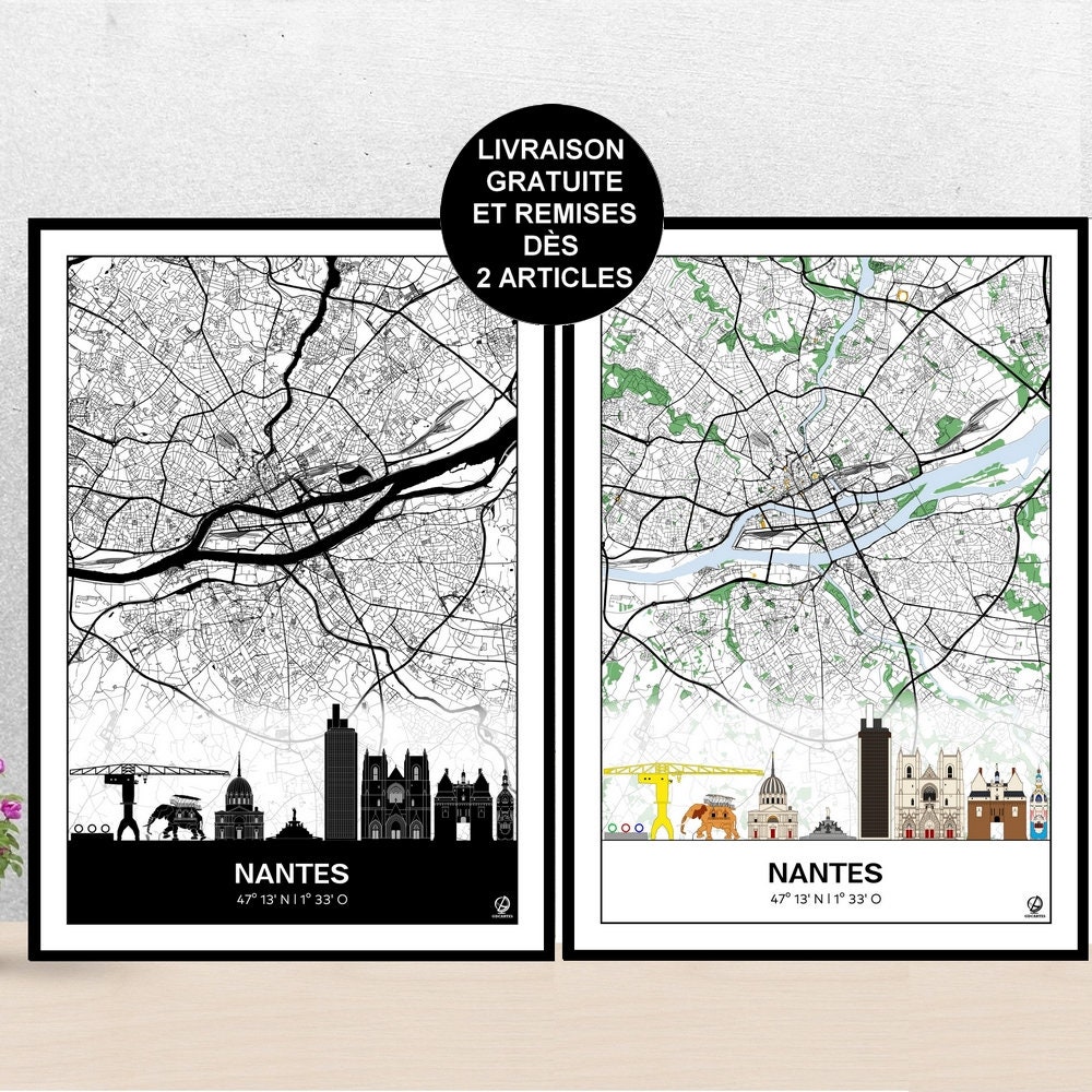 Poster Skyline de Nantes, Carte de Nantes, Affiche, Art, Print, Map ...