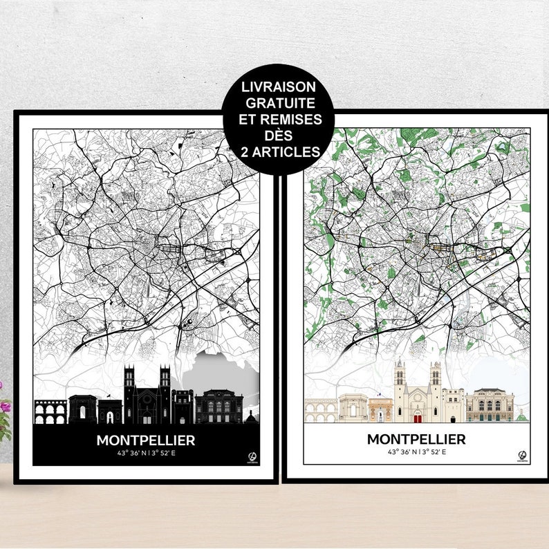 Poster Skyline de Montpellier, Carte de Montpellier, Affiche de ...