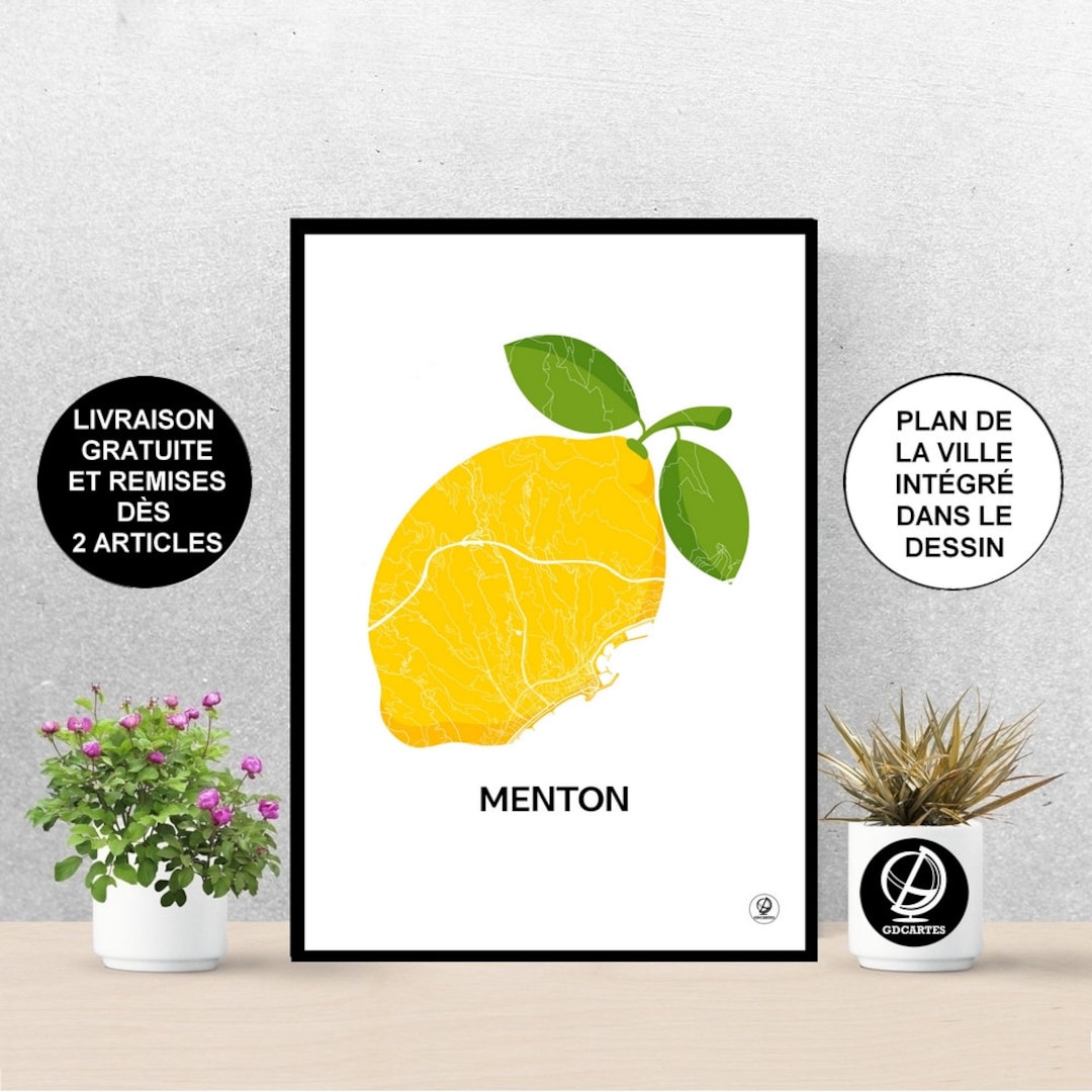 Menton Lemon Poster, Menton Map, French Riviera, Poster, Art, Print ...
