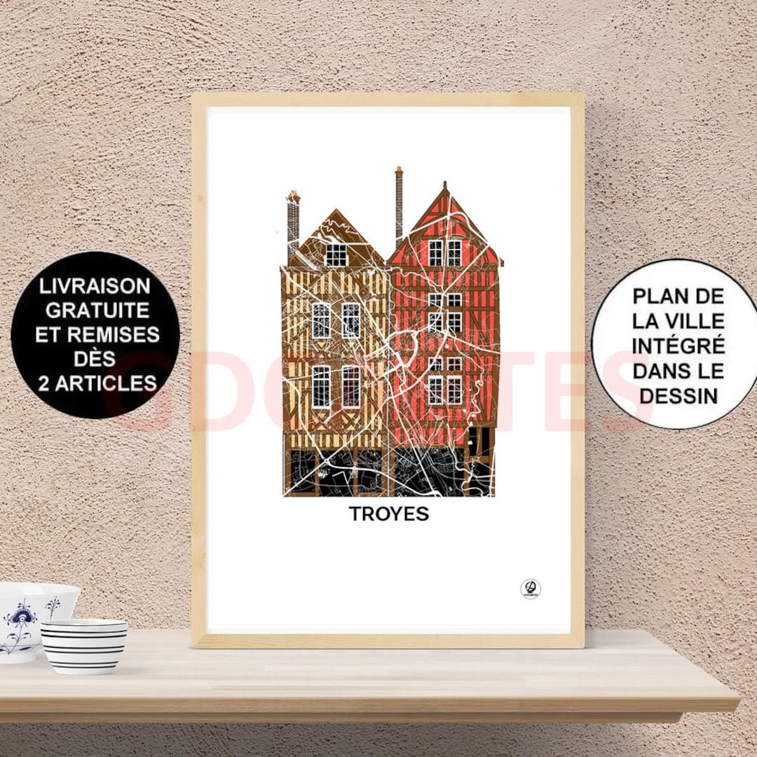 Affiche de Troyes, Carte de Troyes, Aube, Print, Map, Impression, Deco, Ville, Cadeau - Etsy France
