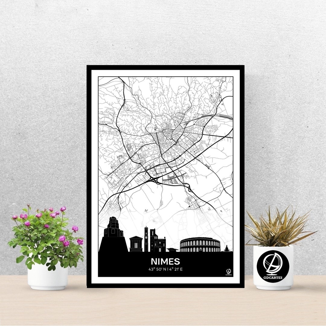 Poster Skyline of Nimes, Map of Nimes, Poster, Art, Print, Map ...