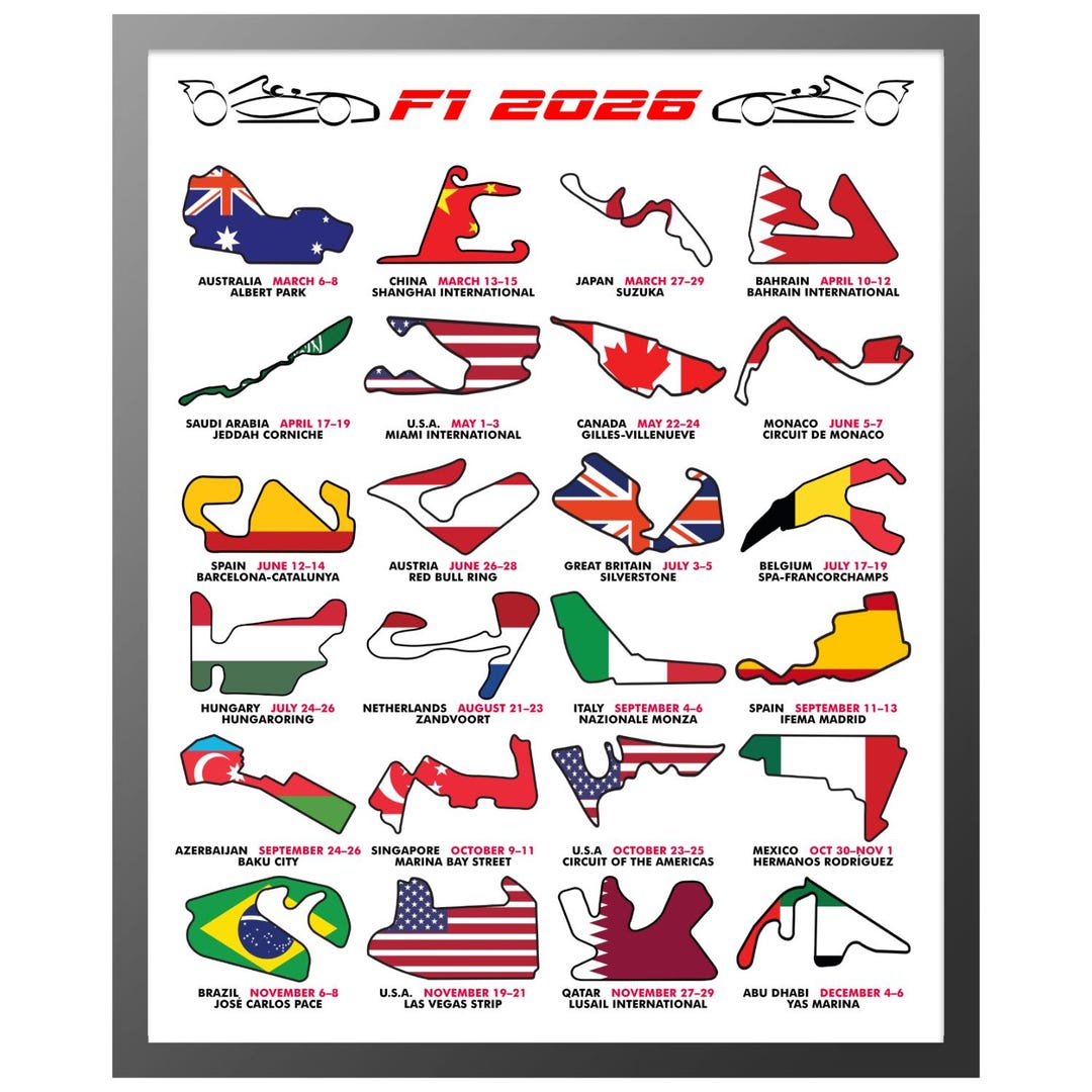 2026 Formula 1 Race Calendar Poster: F1 Race Track Designs PNG/PDF ...