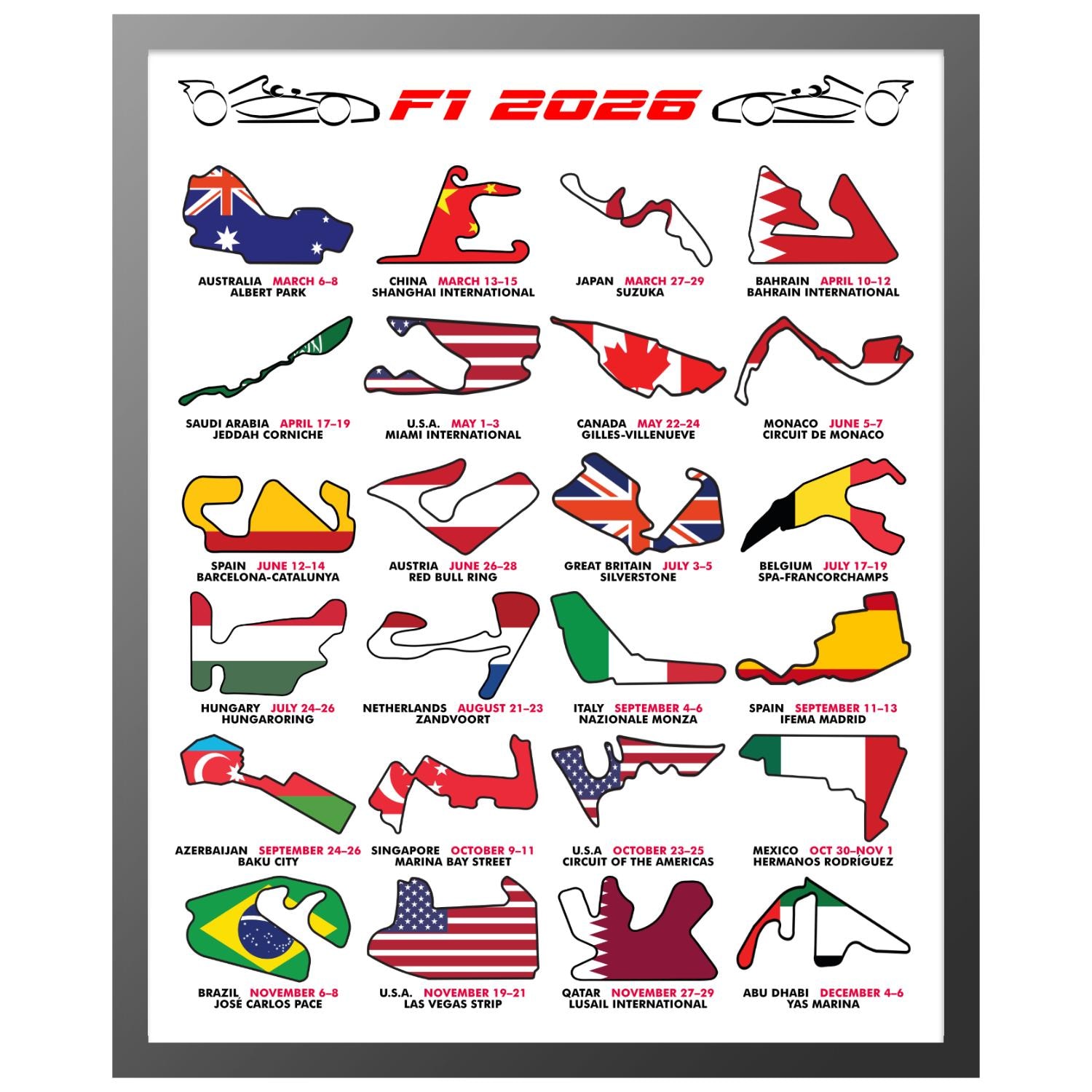 2026 Formula 1 Race Calendar Poster: F1 Race Track Designs PNG/PDF ...