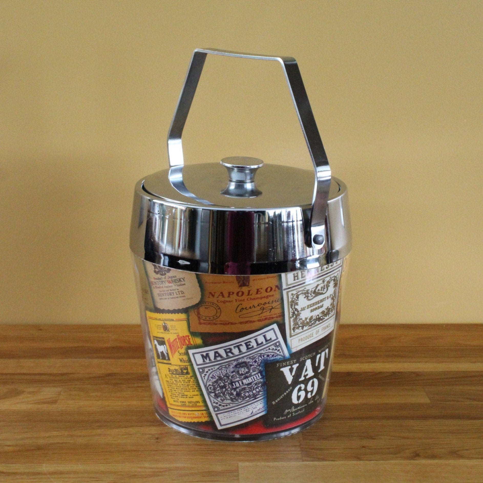 Midcentury Liquor Label Ice Bucket Stainless Ice Bucket Serv-Master ...