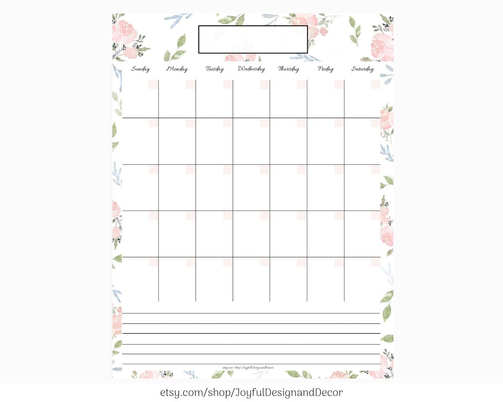 Floral Monthly Calendar Printable Blank Calendars Pink - Etsy