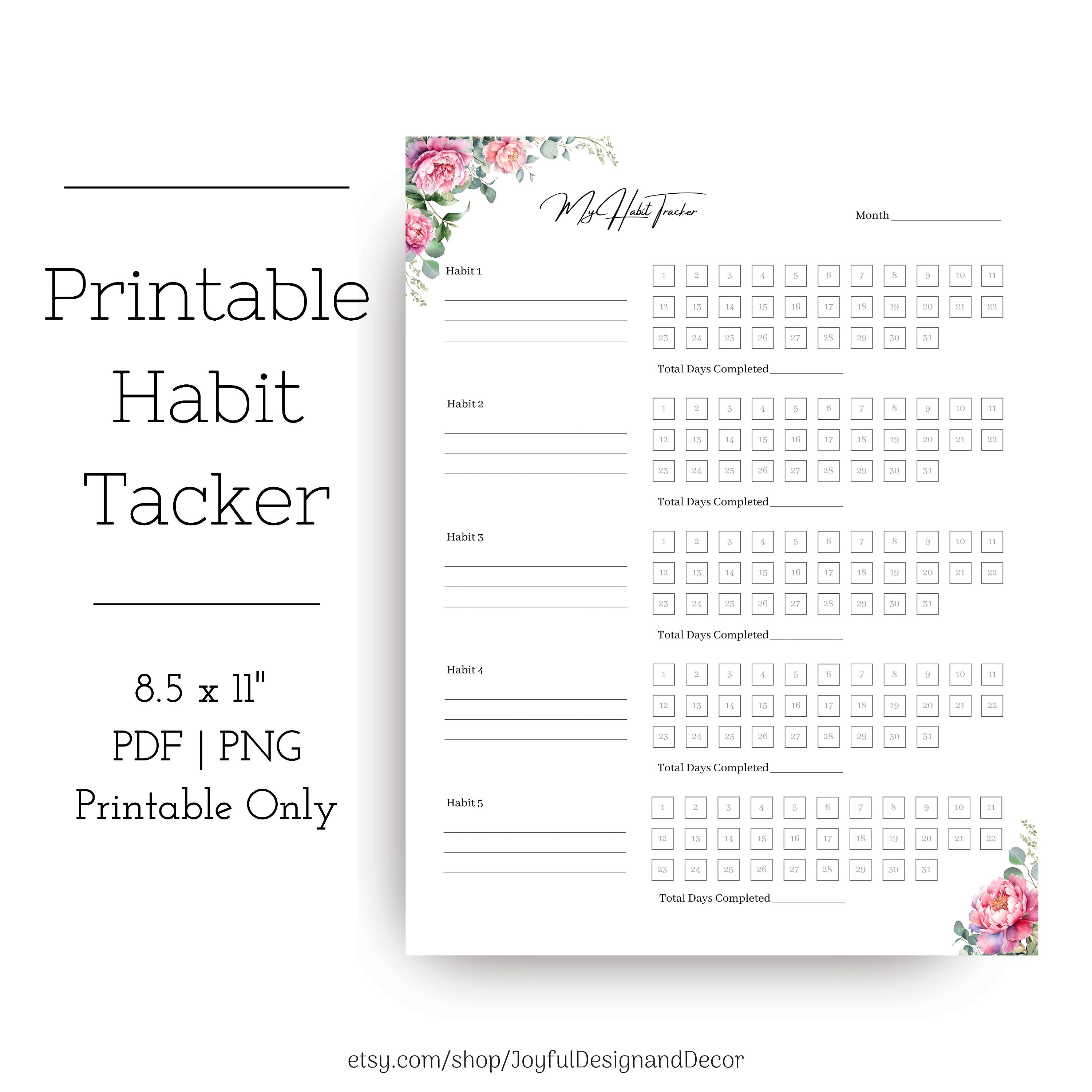 Floral Habit Tracker, PRINTABLE Habit Tracker, 30 Day Challenge Tracker ...