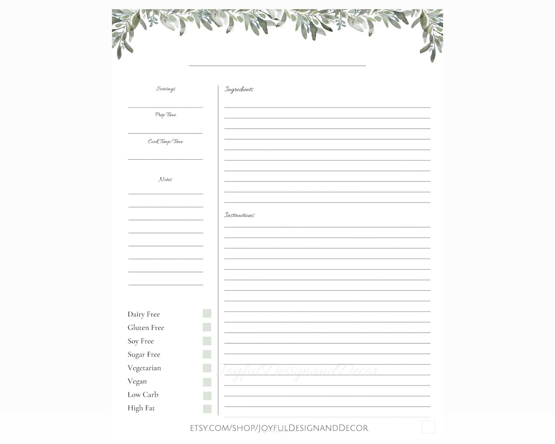 Recipe Sheet Printable Printable Cook Book Recipe Template - Etsy Australia