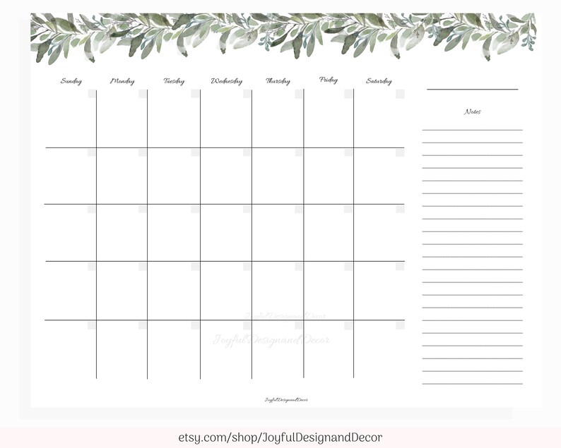 Printable Calendar, Small Greenery Calendar, Blank Calendar, Undated ...