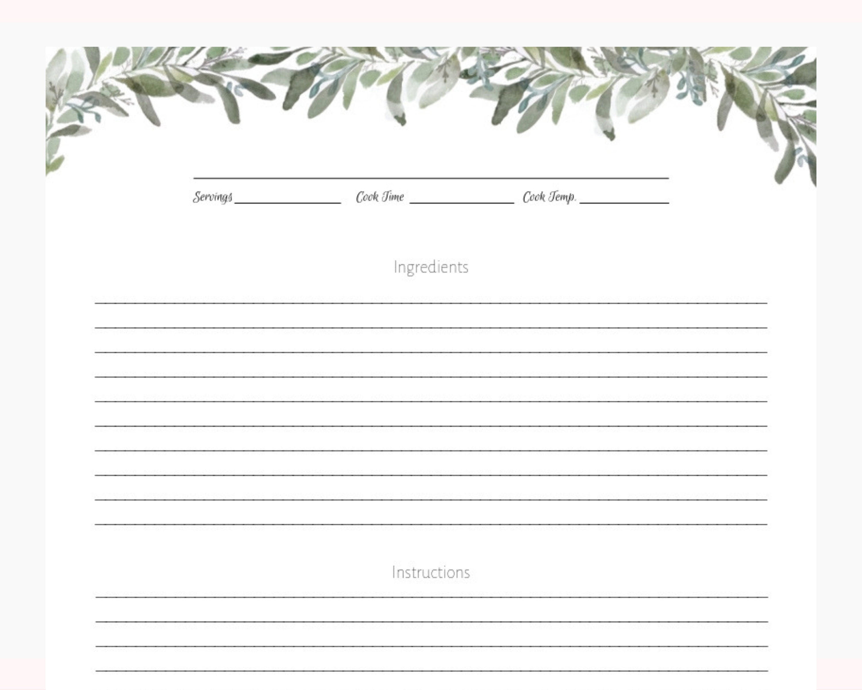 Printable Recipe Page Printable Cook Book Greenery Recipe Page Editable ...