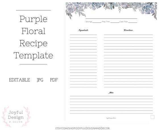 Printable Recipe Page Floral Recipe Template Editable Recipe - Etsy