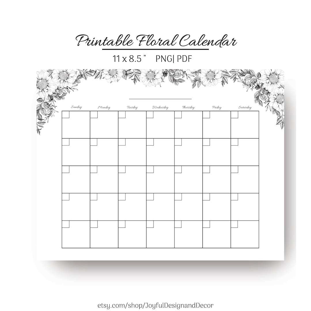 Botanical Printable Calendar Black and White Desk Calendar Blank ...