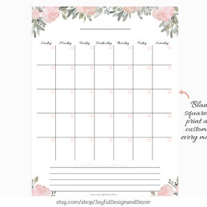 Blank Monthly Calendar With Flowers Printable Floral - Etsy