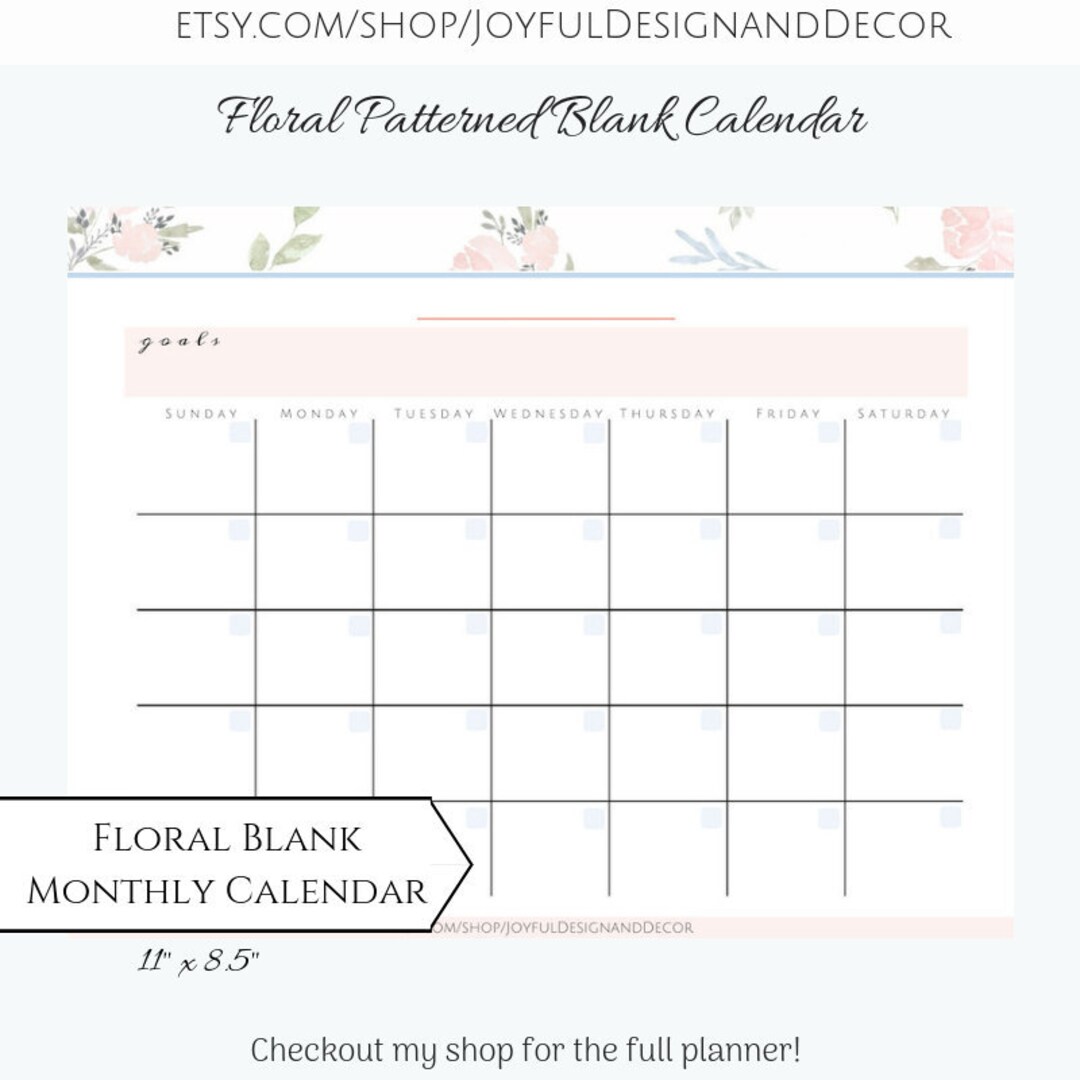 Blank Floral Calendar Pink Floral Printable Calendar Undated Monthly ...