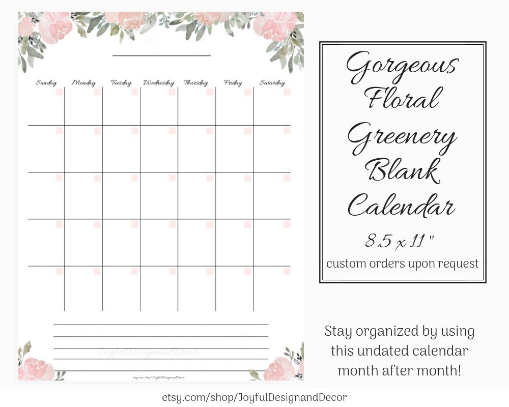 Blank Monthly Calendar With Flowers, Printable Floral Planners, Undated ...
