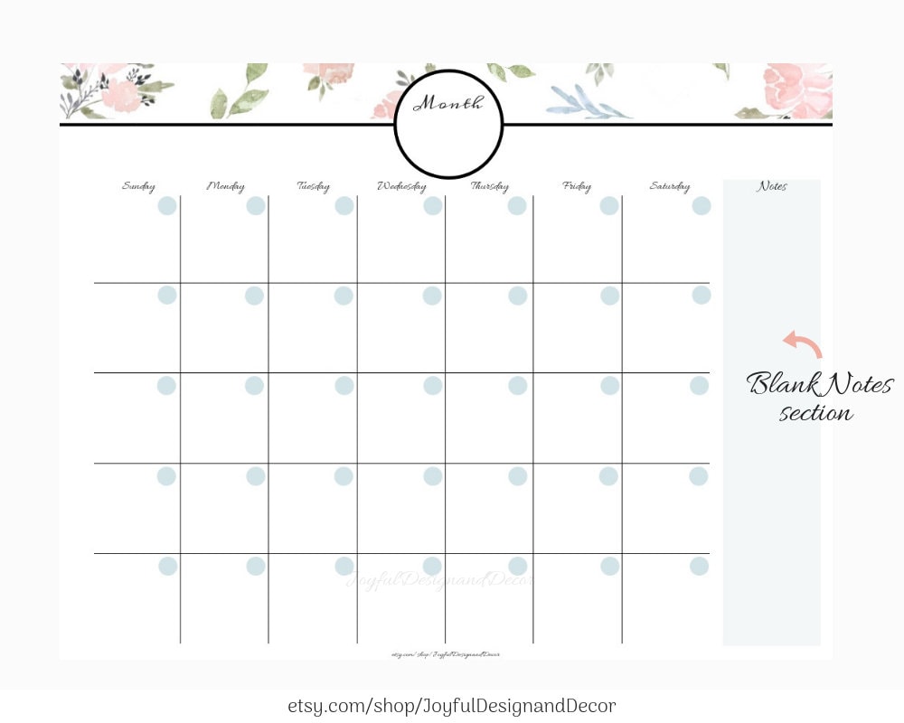 Printable Monthly Calendar, Undated Calendar, 11 X 8.5in, Calendar ...