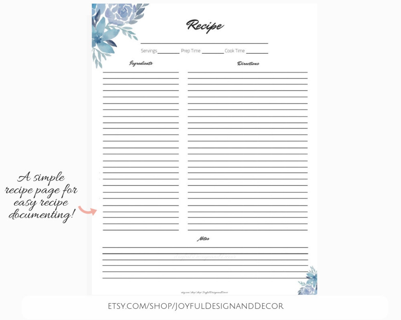 Floral Printable Recipe Page, Blue Floral Recipe Templates, 8.5 X 11in ...