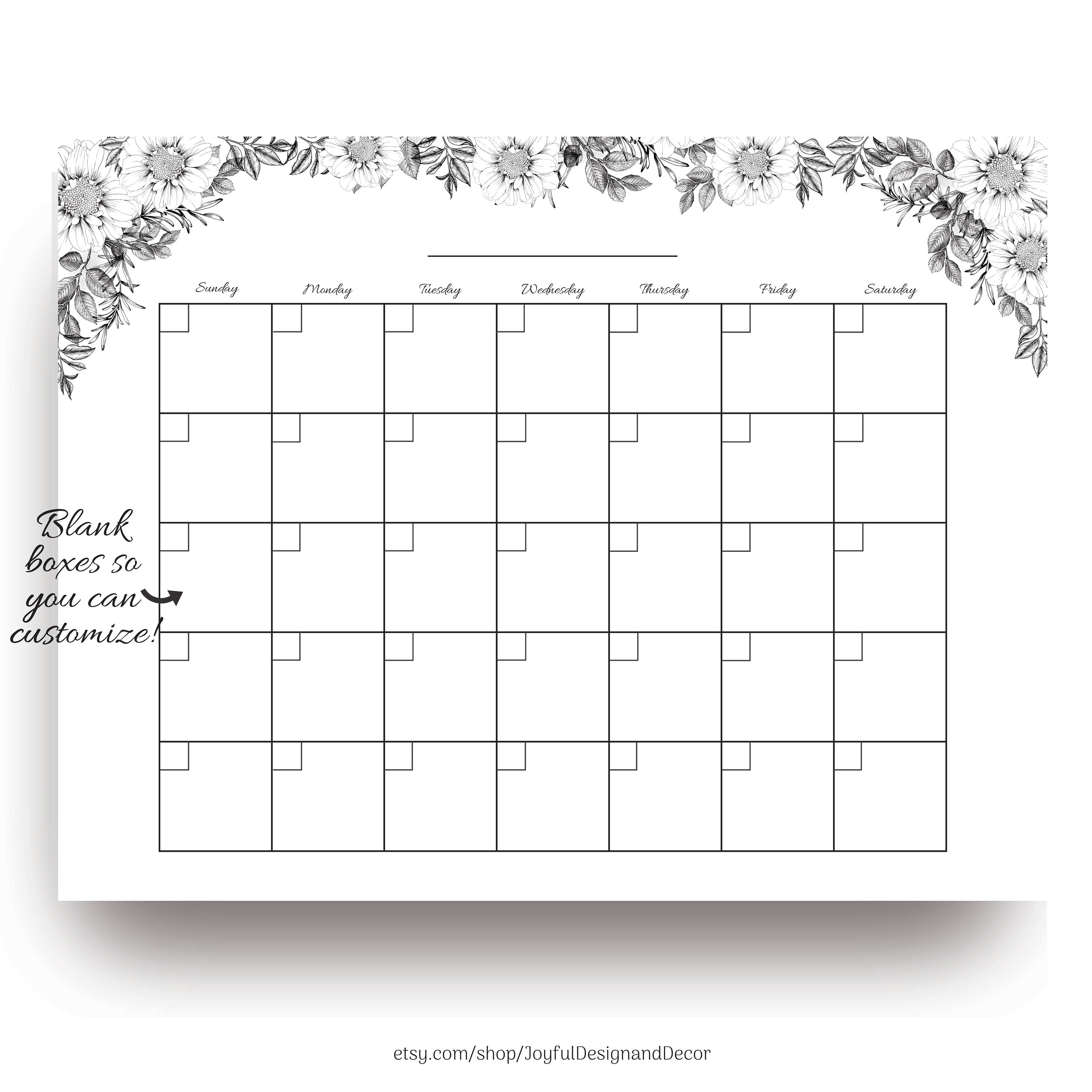 Botanical Printable Calendar Black and White Desk Calendar Blank ...