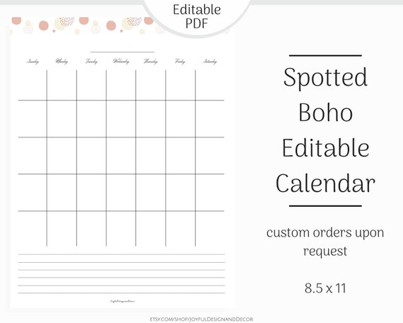 Printable Boho Calendar Editable Calendar Spotted Calendar | Etsy