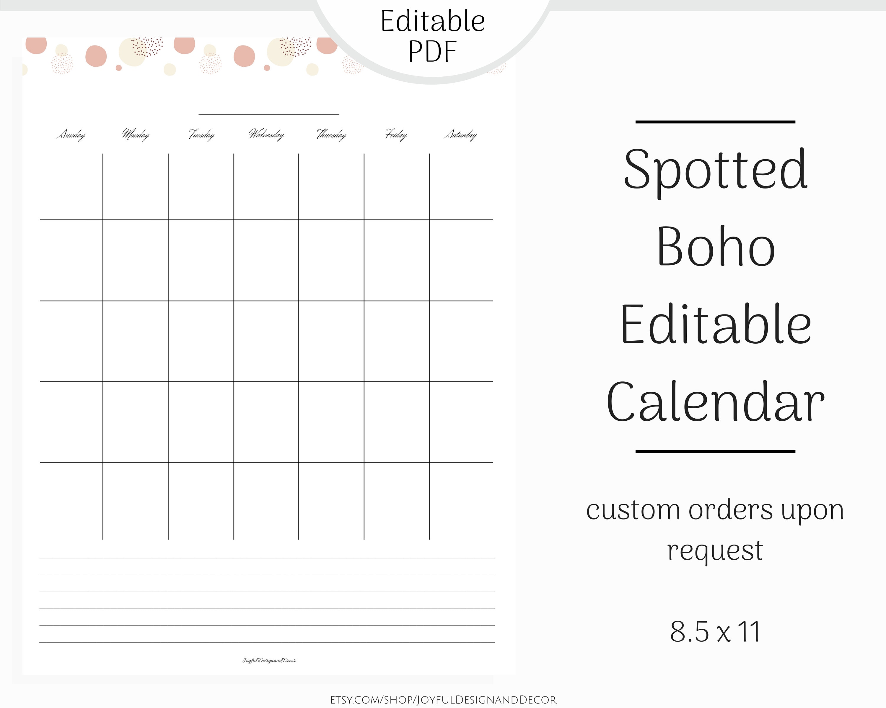 Printable Boho Calendar Editable Calendar Spotted Calendar Boho Monthly ...