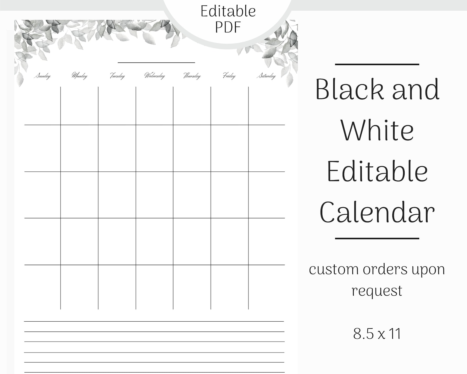 Black and White Calendar Printable Blank Calendar Blank - Etsy