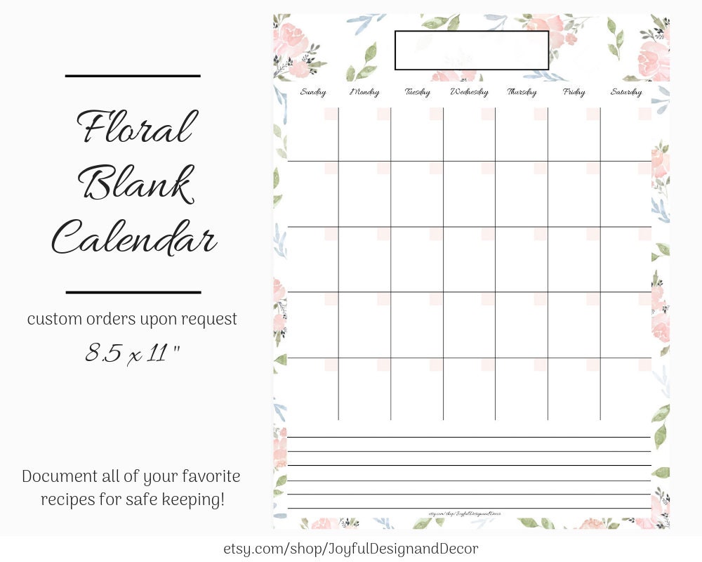 Floral Monthly Calendar Printable Blank Calendars Pink - Etsy