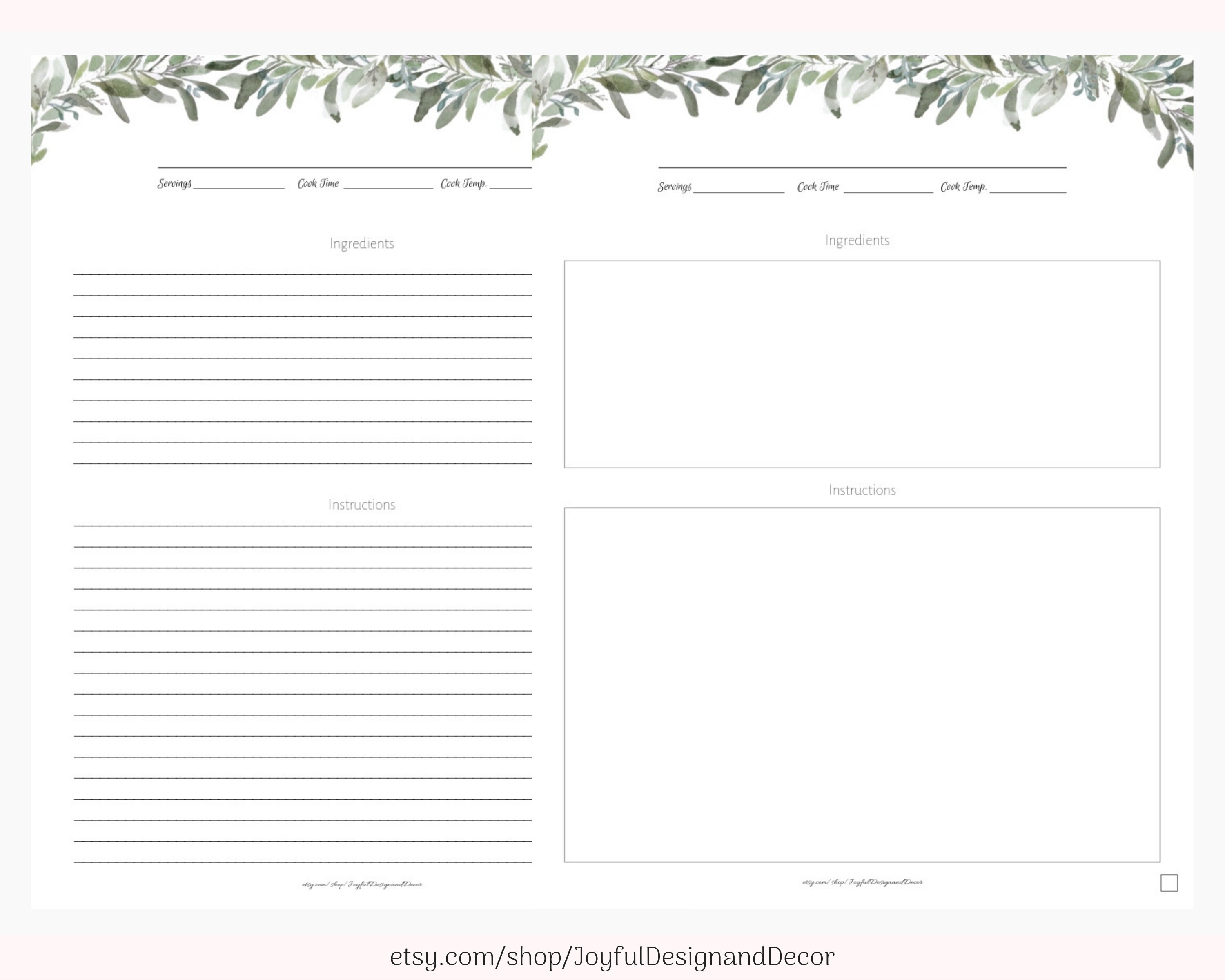 Printable Recipe Page Printable Cook Book Greenery Recipe Page Editable ...