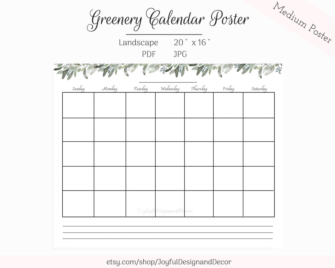 Large Greenery Calendar, Printable Greenery Calendar, Desk Calendar ...